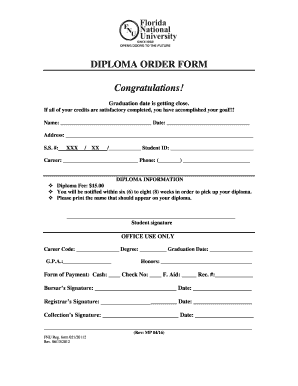 Fillable Online fnu DIPLOMA ORDER FORM Congratulations Fax Email Print - pdfFiller