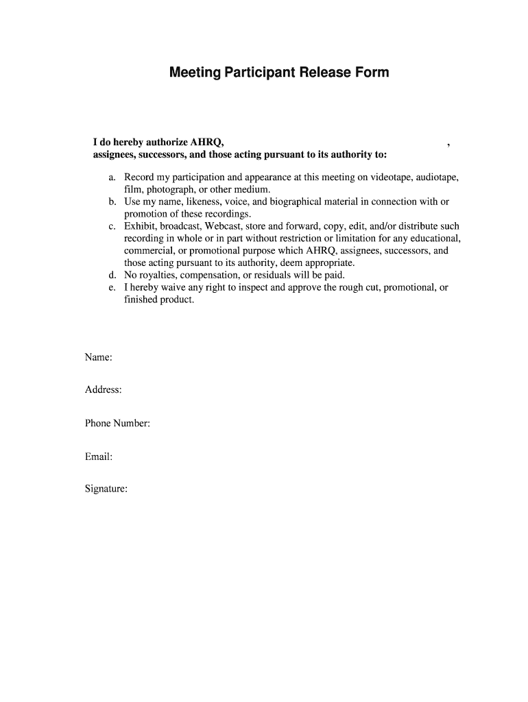 Fillable Online ahrq Appendix 5-D Meeting Participant Release Form Fax ...