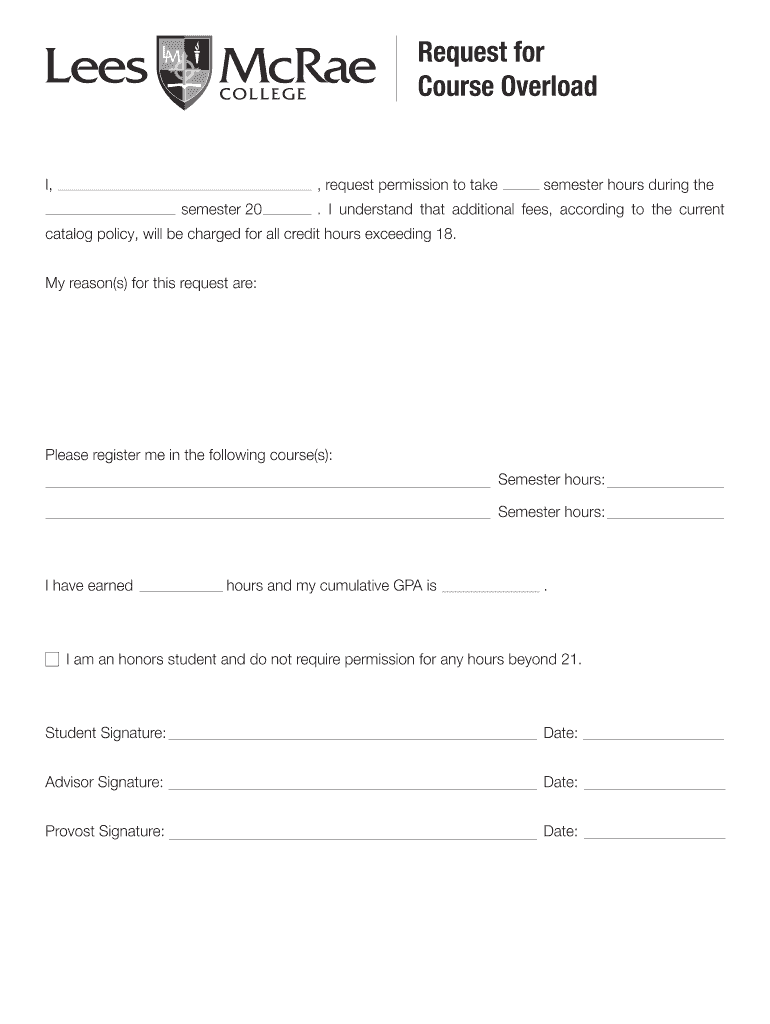 Fillable Online lmc Request for Course Overload - Your Future Elevated Fax Email Print - pdfFiller