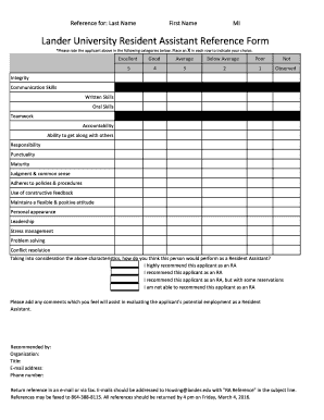 Fillable Online lander Lander University Resident Assistant Reference ...