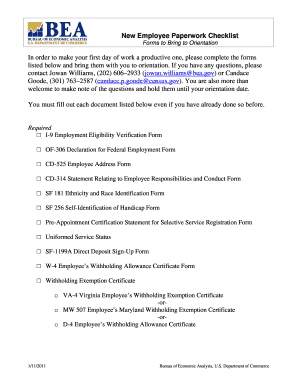 Fillable Online bea New Employee Paperwork Checklist Forms to Bring to ...