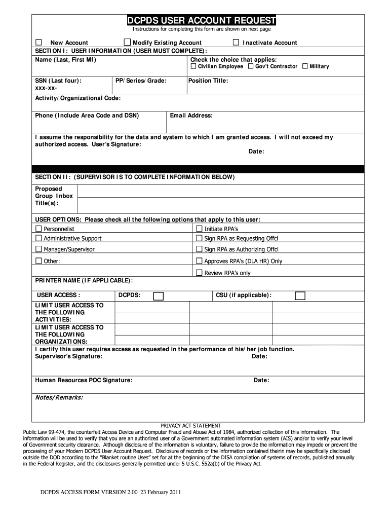 Fillable Online dla DCPDS USER ACCOUNT REQUEST - On Time Every Time Fax ...