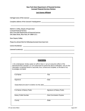 Fillable Online dfs ny Lost Licensing Affidavit - New York State ...