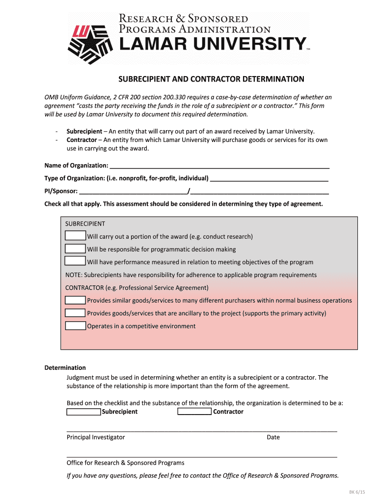 Fillable Online lamar SUBRECIPIENT AND CONTRACTOR DETERMINATION Fax ...