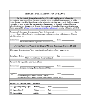 Fillable Online oro doe REQUEST FOR RESTORATION OF LEAVE - 2009 - ORO ...