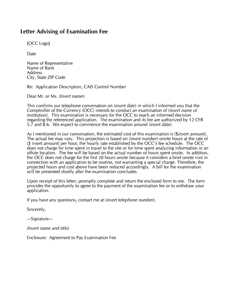 Fillable Online occ Letter Advising of Examination Fee - OCC Home Page ...
