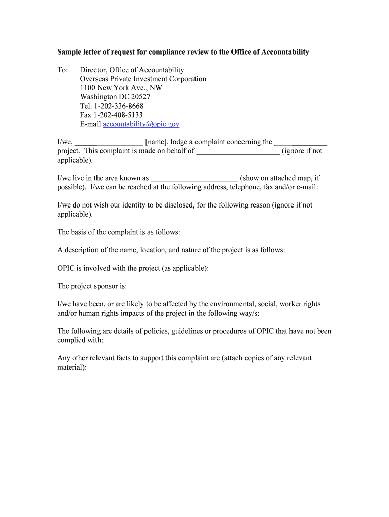 Fillable Online opic Sample letter of request for compliance review to ...