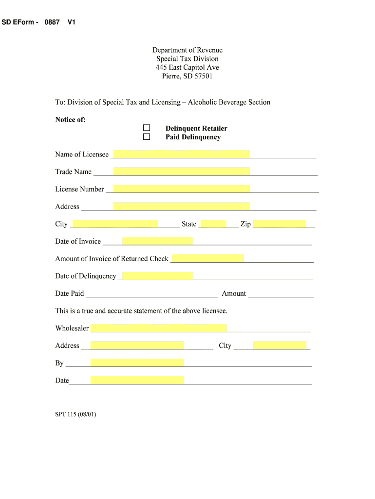 Fillable Online state sd Notice of Delinquent Retailer Paid Delinquency ...