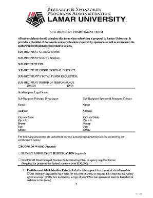 Fillable Online lamar SUB-RECIPIENT COMMITMENT FORM - Lamar University ...