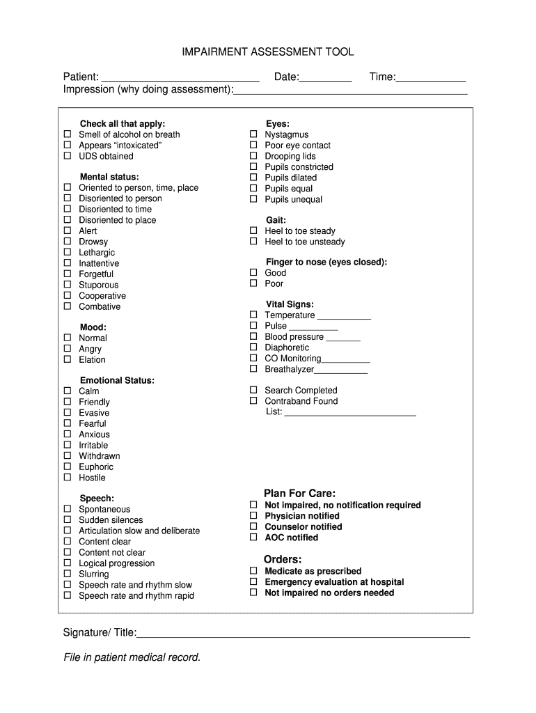 Fillable Online oasas ny IMPAIRMENT ASSESSMENT TOOL - New York - oasas ...