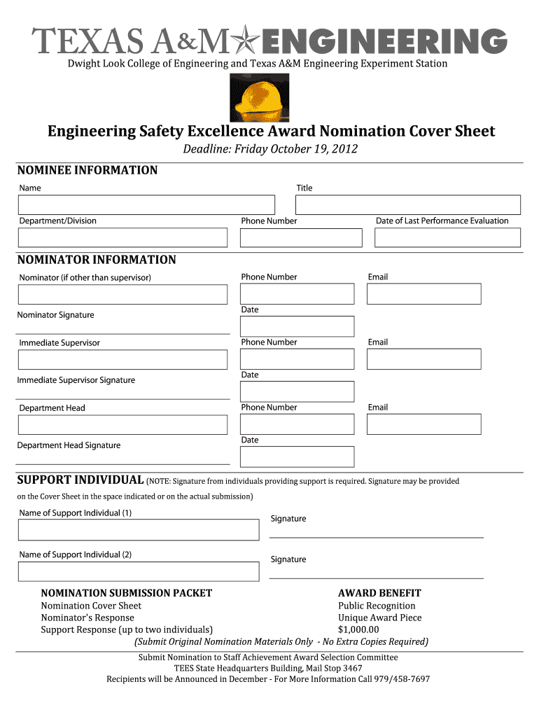 Fillable Online tees tamu Engineering Safety Excellence Award ...