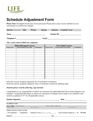 Fillable Online life Schedule Adjustment Form 101113 - Life University ...