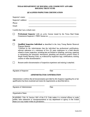 Fillable Online tdhca state tx Inspector Certification Form - TDHCA ...