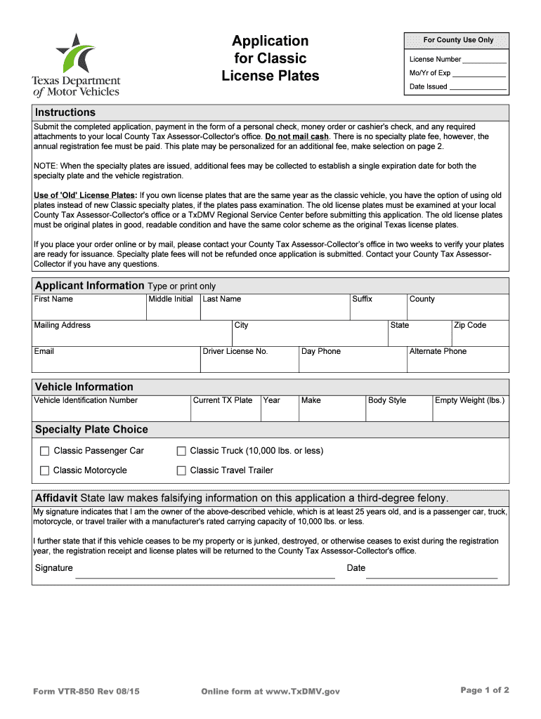 Fillable Online txdmv Application For County Use Only for Classic ...