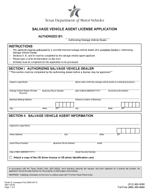 Fillable Online txdmv SALVAGE VEHICLE AGENT LICENSE APPLICATION ...