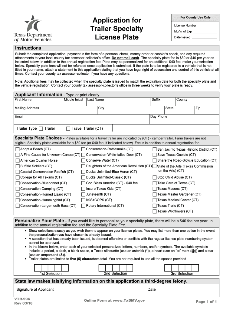Fillable Online txdmv Application for Trailer Specialty License Plates ...