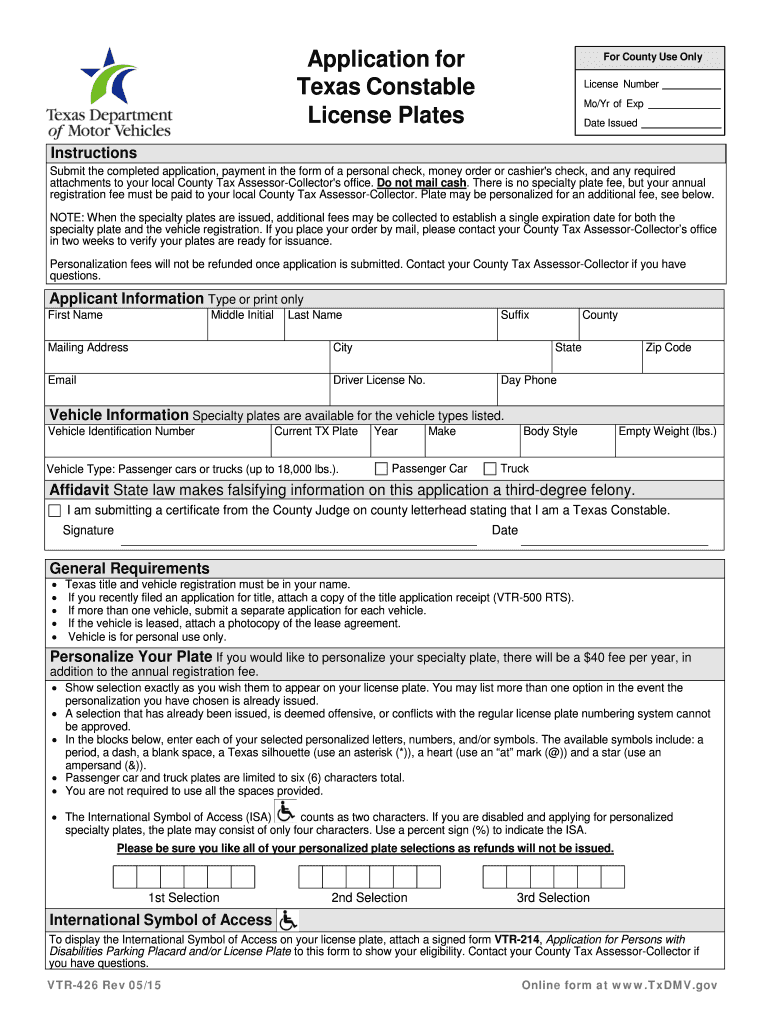 Fillable Online txdmv Application for Texas Constable License Plates ...