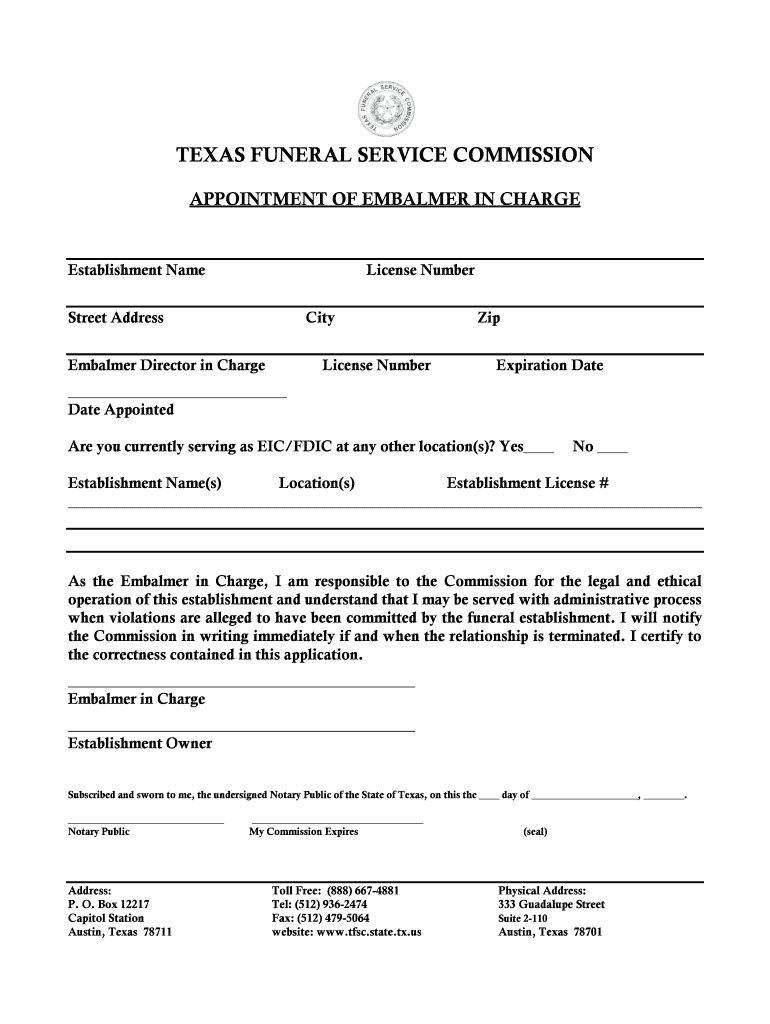 Fillable Online tfsc state tx TEXAS FUNERAL SERVICE COMMISSION ...