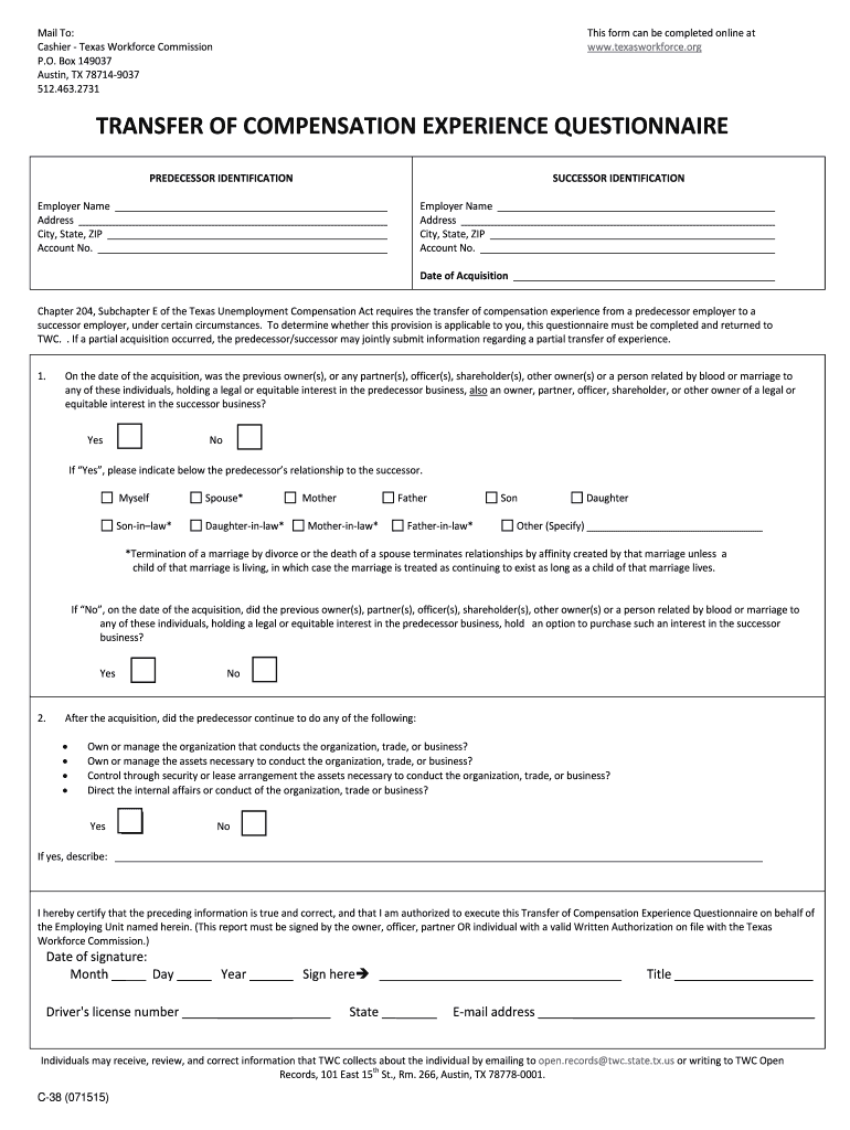 Fillable Online twc state tx TRANSFER OF COMPENSATION EXPERIENCE QUESTIONNAIRE Fax Email Print ...