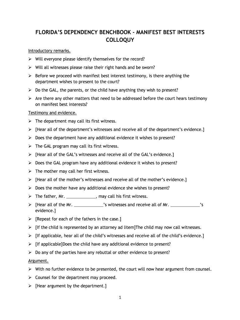 Fillable Online flcourts FLORIDAS DEPENDENCY BENCHBOOK - MANIFEST BEST ...
