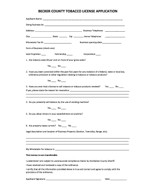 Fillable Online TOBACCO LICENSE APPLICATION - Becker County MN Fax ...