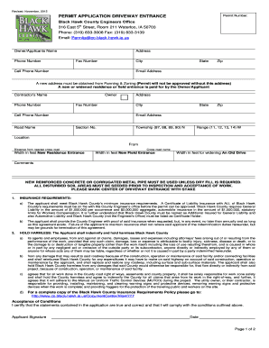 Fillable Online co black-hawk ia PERMIT APPLICATION DRIVEWAY ENTRANCE Permit Number Fax Email ...