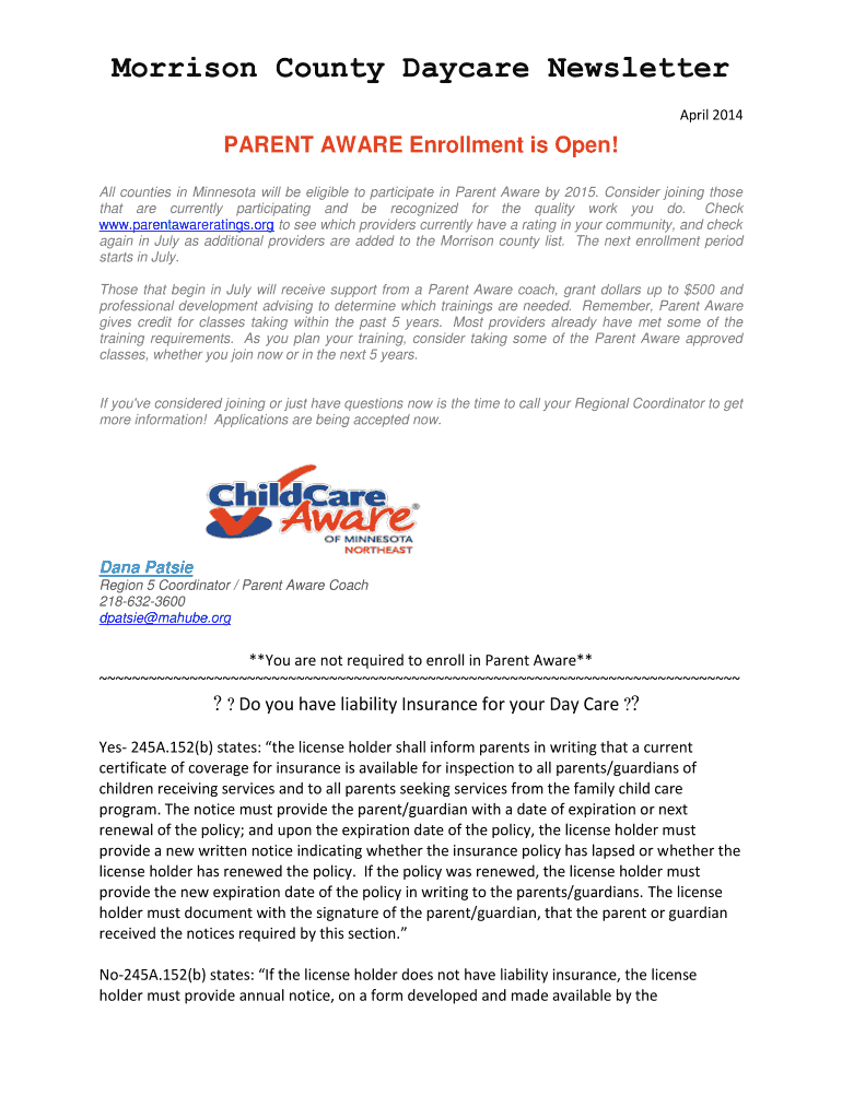 Fillable Online PARENT AWARE Enrollment is Open Fax Email Print - pdfFiller