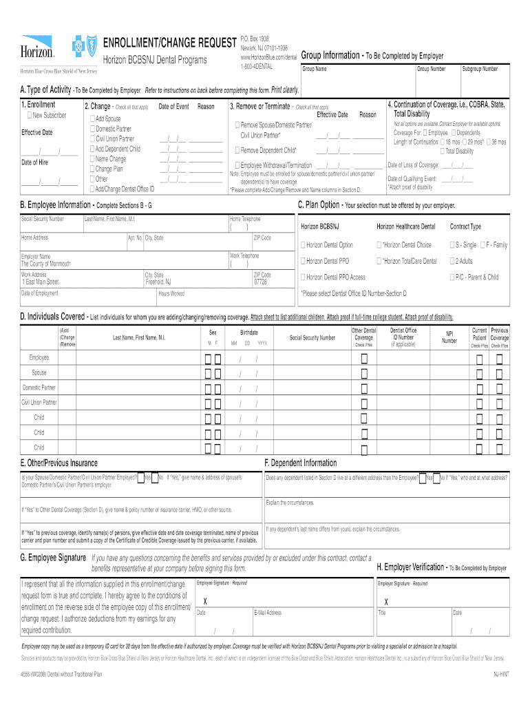 Fillable Online ENROLLMENTCHANGE REQUEST Horizon BCBSNJ Dental Programs ...