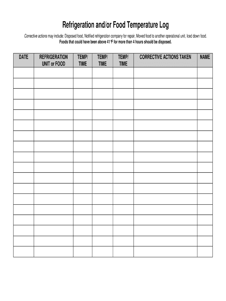 Fillable Online Refrigeration and/or Food Temperature Log Fax Email ...