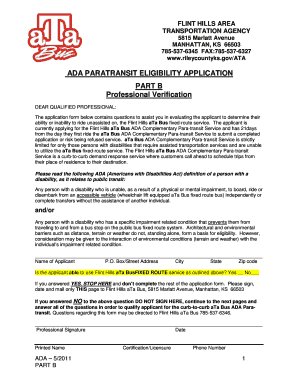 Fillable Online ADA PARATRANSIT ELIGIBILITY APPLICATION PART B Fax ...