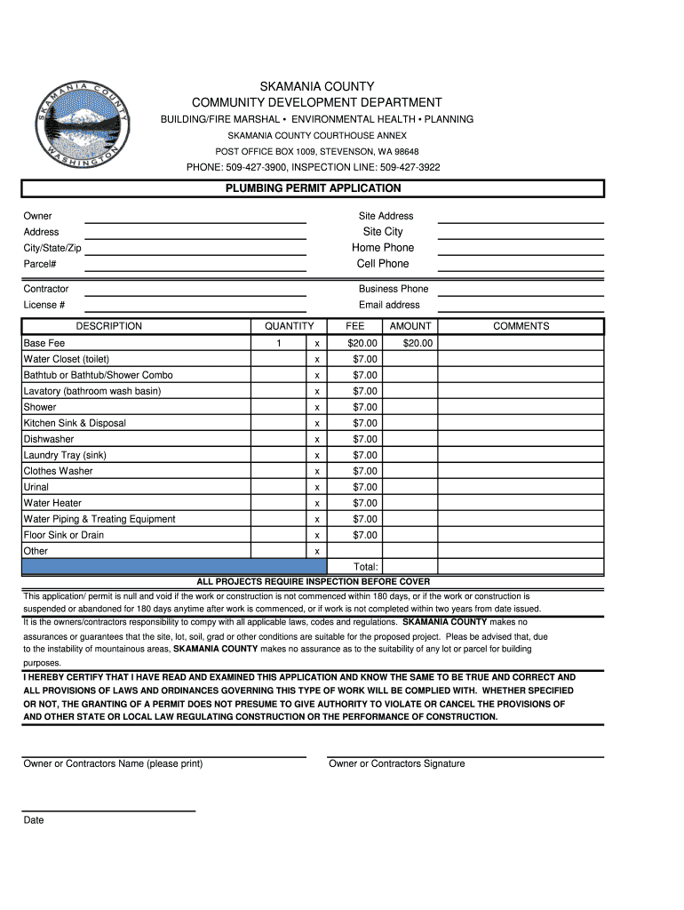 Fillable Online skamaniacounty PLUMBING PERMIT APPLICATION - Skamania ...