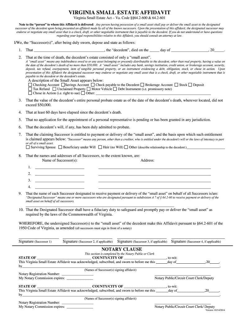Fillable Online VIRGINIA SMALL ESTATE AFFIDAVIT - Official Website Fax ...
