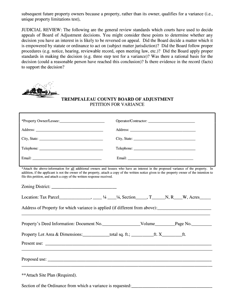 Fillable Online ZONING VARIANCE APPLICATION FORM FOR TREMPEALEAU COUNTY ...