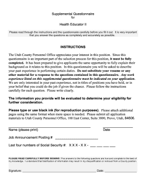Fillable Online Supplemental Questionnaire for Health Educator II ...