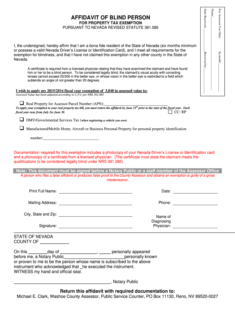 Fillable Online washoecounty AFFIDAVIT OF BLIND PERSON - Washoe County ...