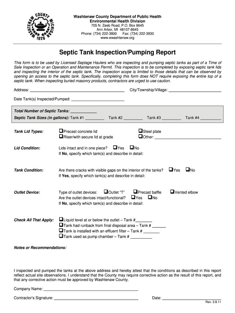 Fillable Online ewashtenaw Septic Tank InspectionPumping Report Fax ...