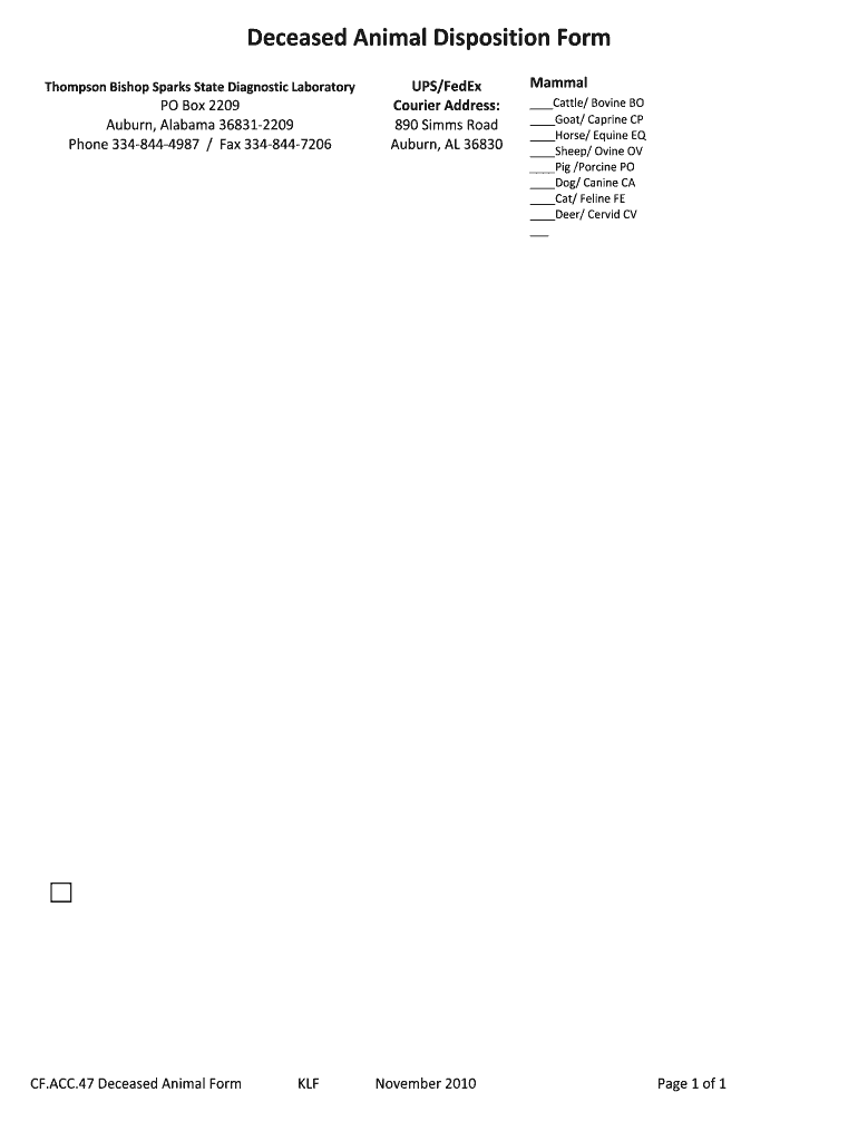 Fillable Online agi alabama CFACC47 Deceased Animal Disposition Form ...