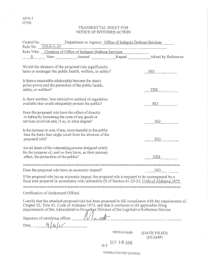 Fillable Online oids alabama TRANSMITTAL SHEET FOR NOTICE OF INTENDED ...