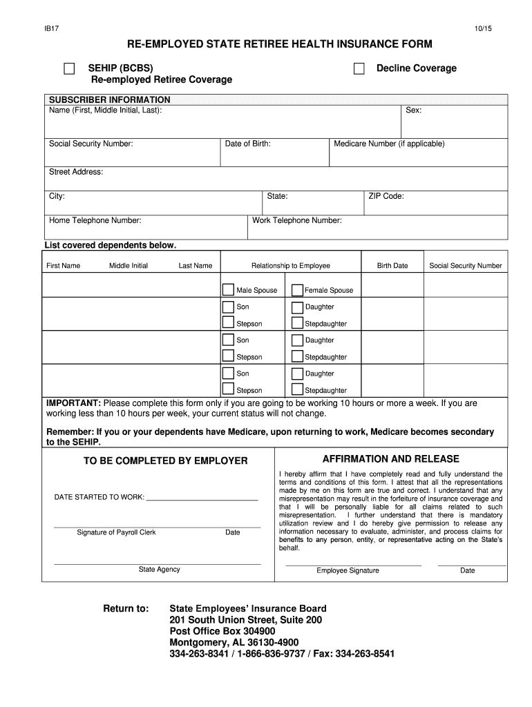Re-employed State Retiree Health Insurance Form - Blank Fillable ...