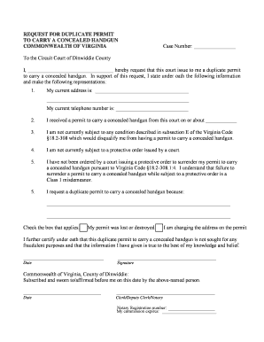 Fillable Online REQUEST FOR DUPLICATE PERMIT TO CARRY A CONCEALED ...