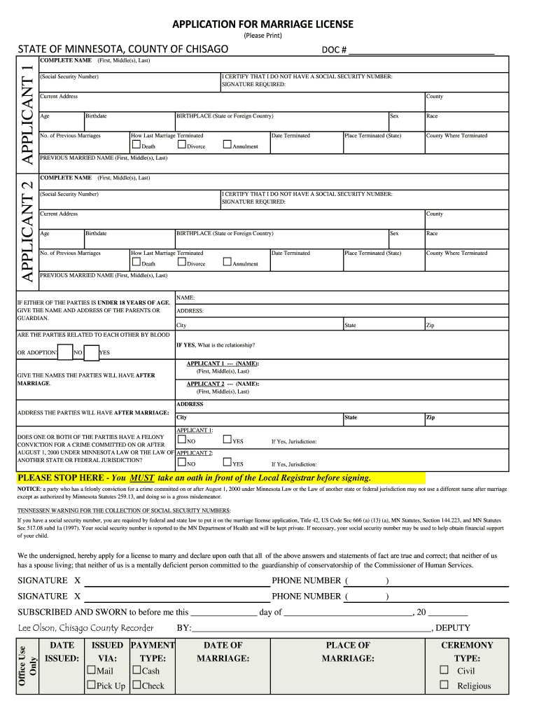 Fillable Online co chisago mn APPLICATION FOR MARRIAGE LICENSE ...