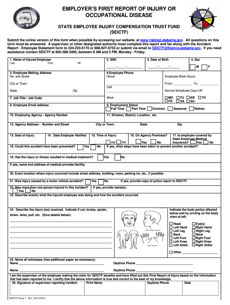 Fillable Online riskmgt alabama EMPLOYERS FIRST REPORT OF INJURY OR Fax ...