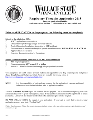 Fillable Online wallacestate Respiratory Therapist Application 2015 Program Application ...
