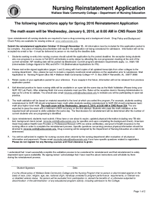 Fillable Online wallacestate Nursing Reinstatement Application - wallacestateedu Fax Email Print ...
