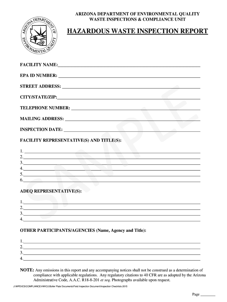 Fillable Online azdeq HAZARDOUS WASTE INSPECTION REPORT Fax Email Print ...