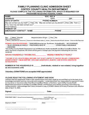 Fillable Online Family Planning Clinic Admission Revised Fax Email ...