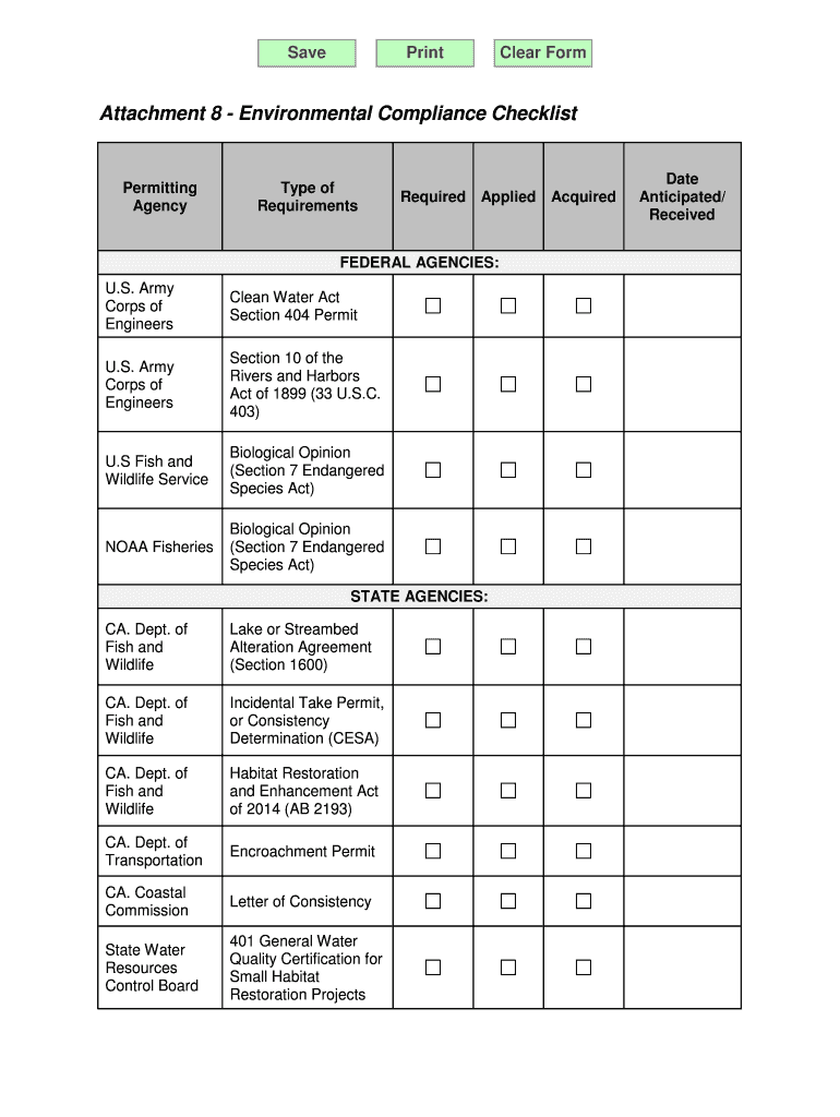 Fillable Online Attachment 8 - Environmental Compliance Checklist Fax ...