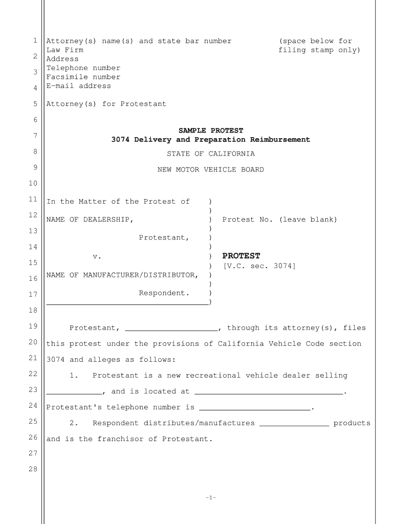 Fillable Online SAMPLE PROTEST 3074 Delivery and Preparation ...