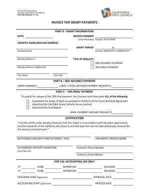 Fillable Online cac ca INVOICE FOR GRANT PAYMENTS - California - cac ca ...