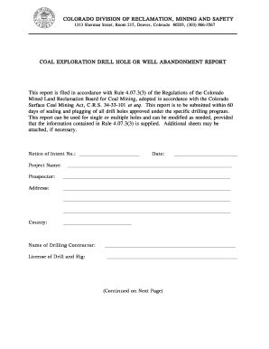 Fillable Online COAL EXPLORATION DRILL HOLE OR WELL ABANDONMENT REPORT Fax Email Print - pdfFiller